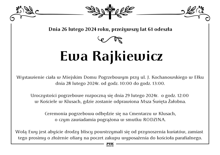 Ewa Rajkiewicz - nekrolog i kondolencje | Zakład Usług Pogrzebowych | P.U.K. EŁK